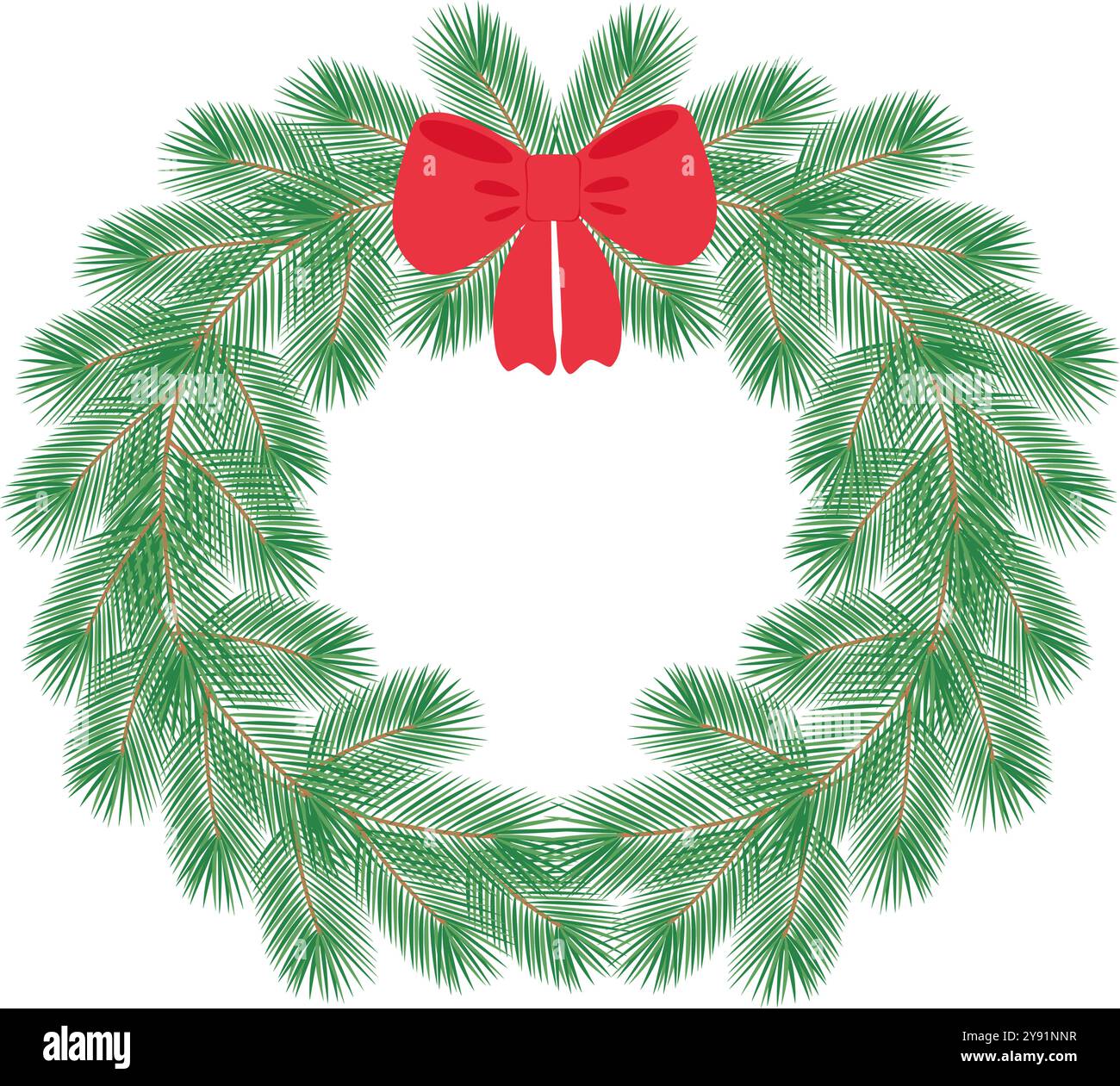 Pine twigs decorated red ribbon bow Round frame border. Christmas or ...
