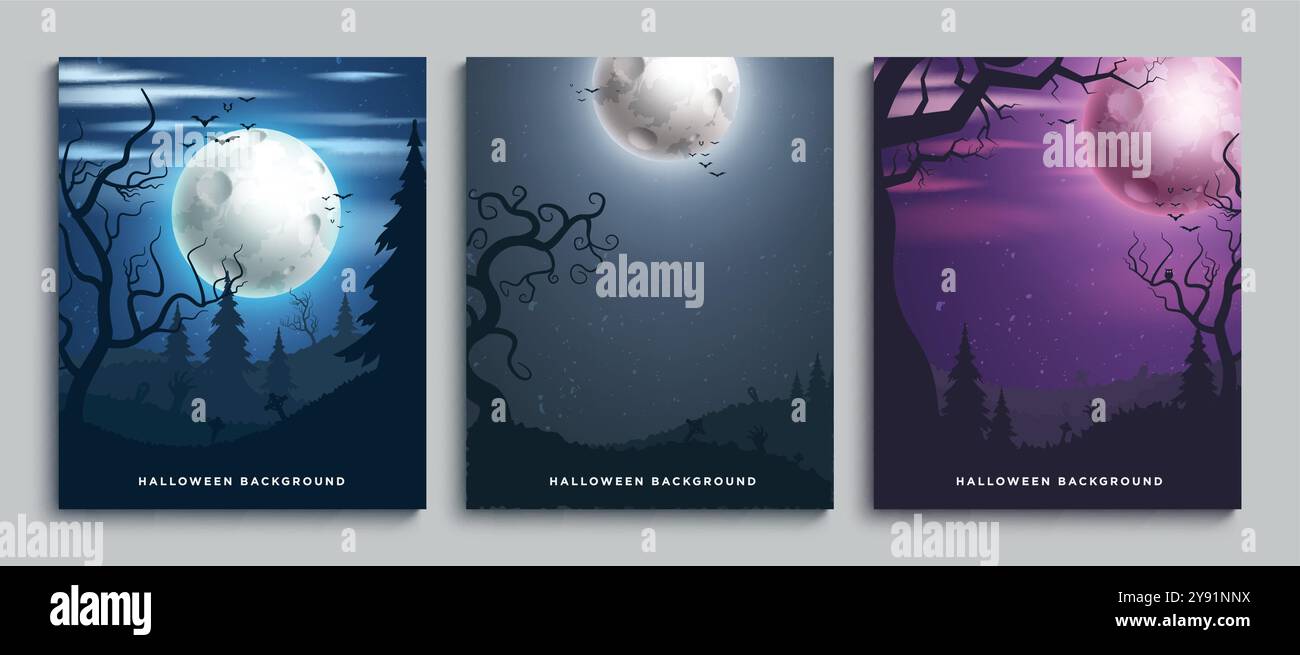 Halloween full moon vector poster set background. Halloween background ...