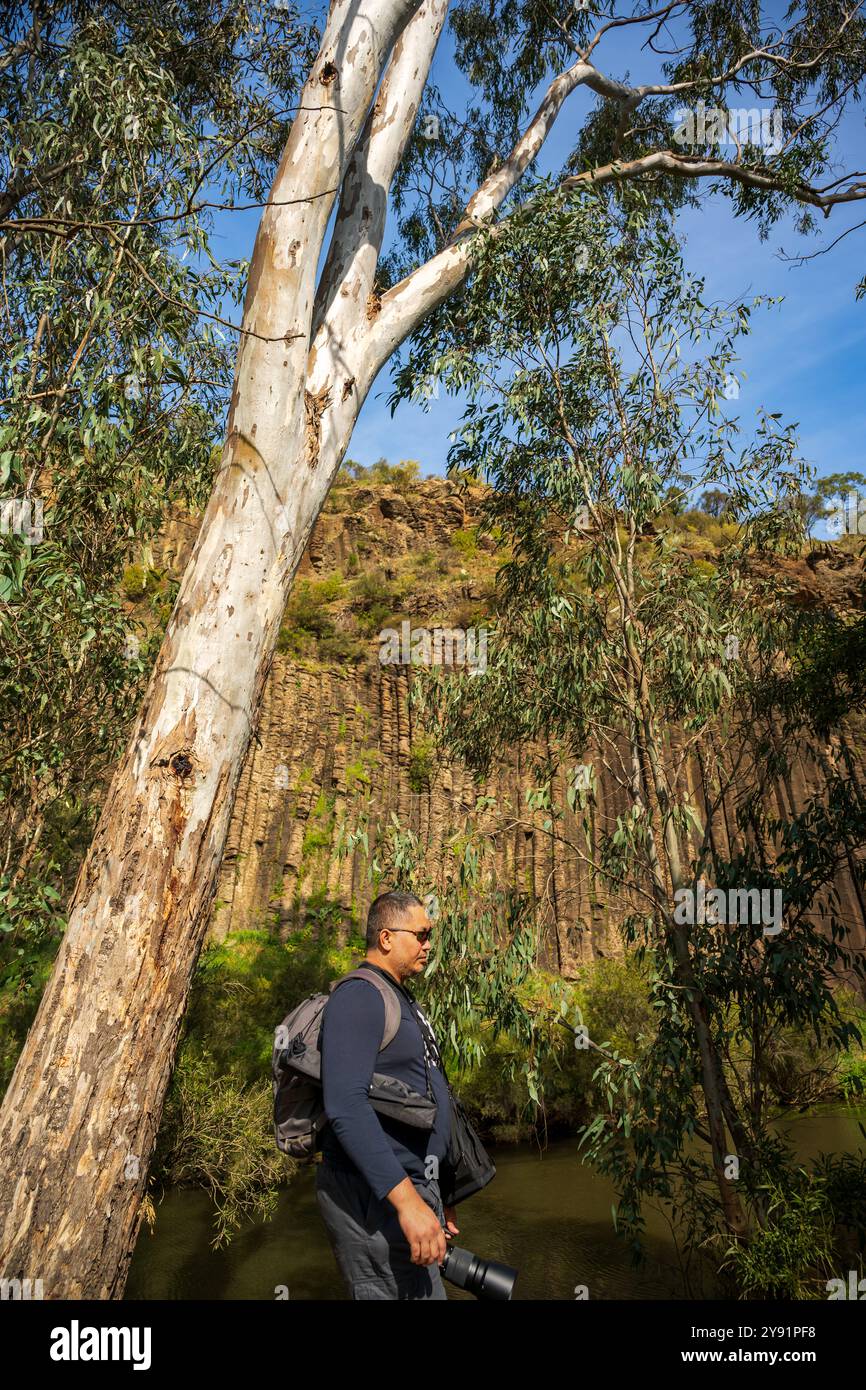 Male hiker relaxing by Jackson creek next to Basalt columns resembling ...