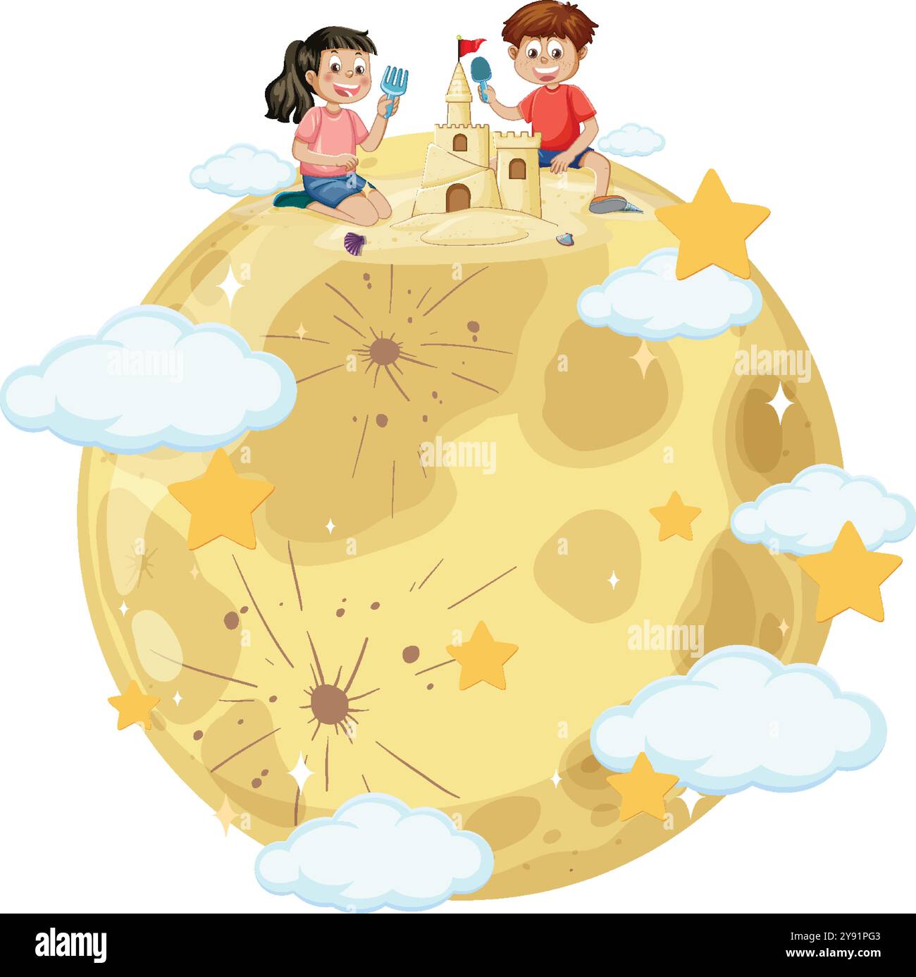 Kids playing on the moon with sandcastle and stars Stock Vector Image ...