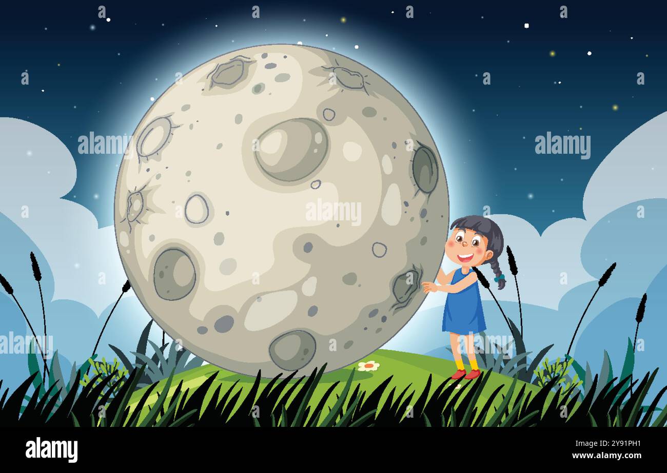 A child hugs the moon under a starry sky Stock Vector Image & Art - Alamy