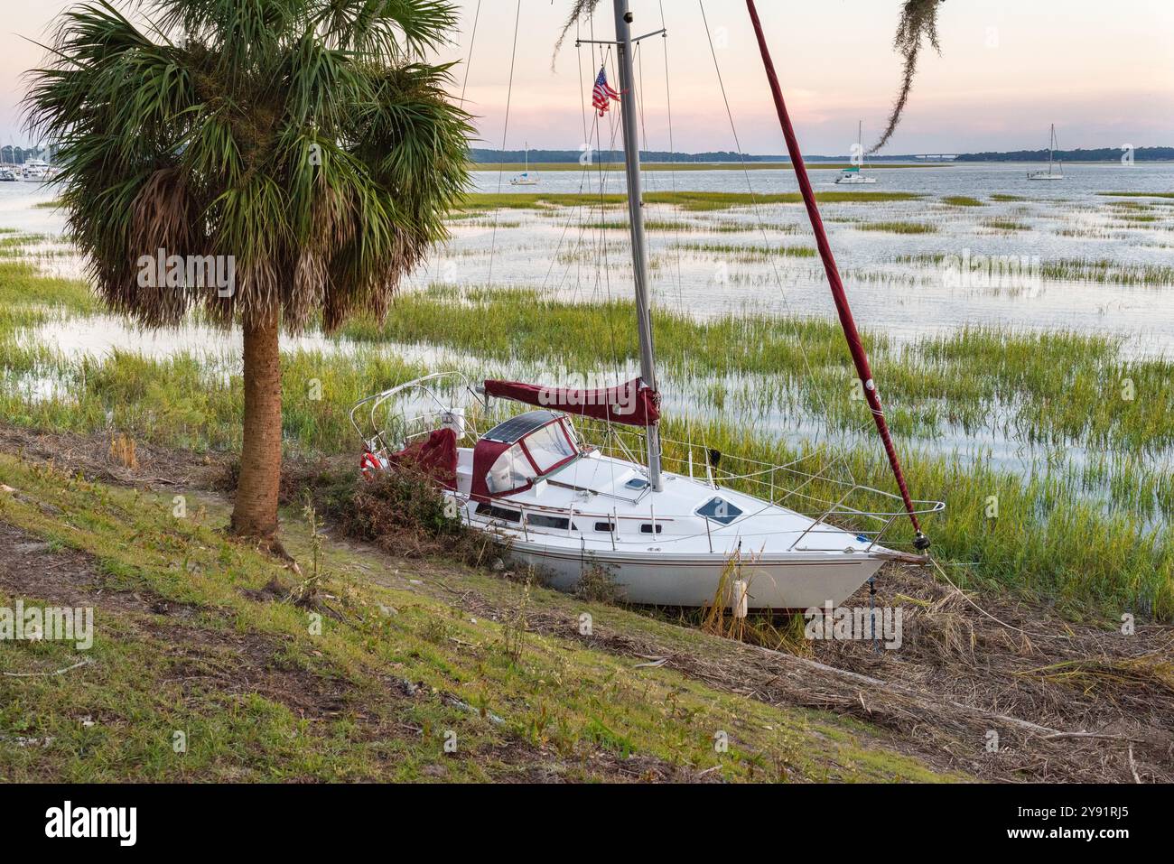 Hurricane Helene beached many sailboats in the marshlands at Beaufort ...