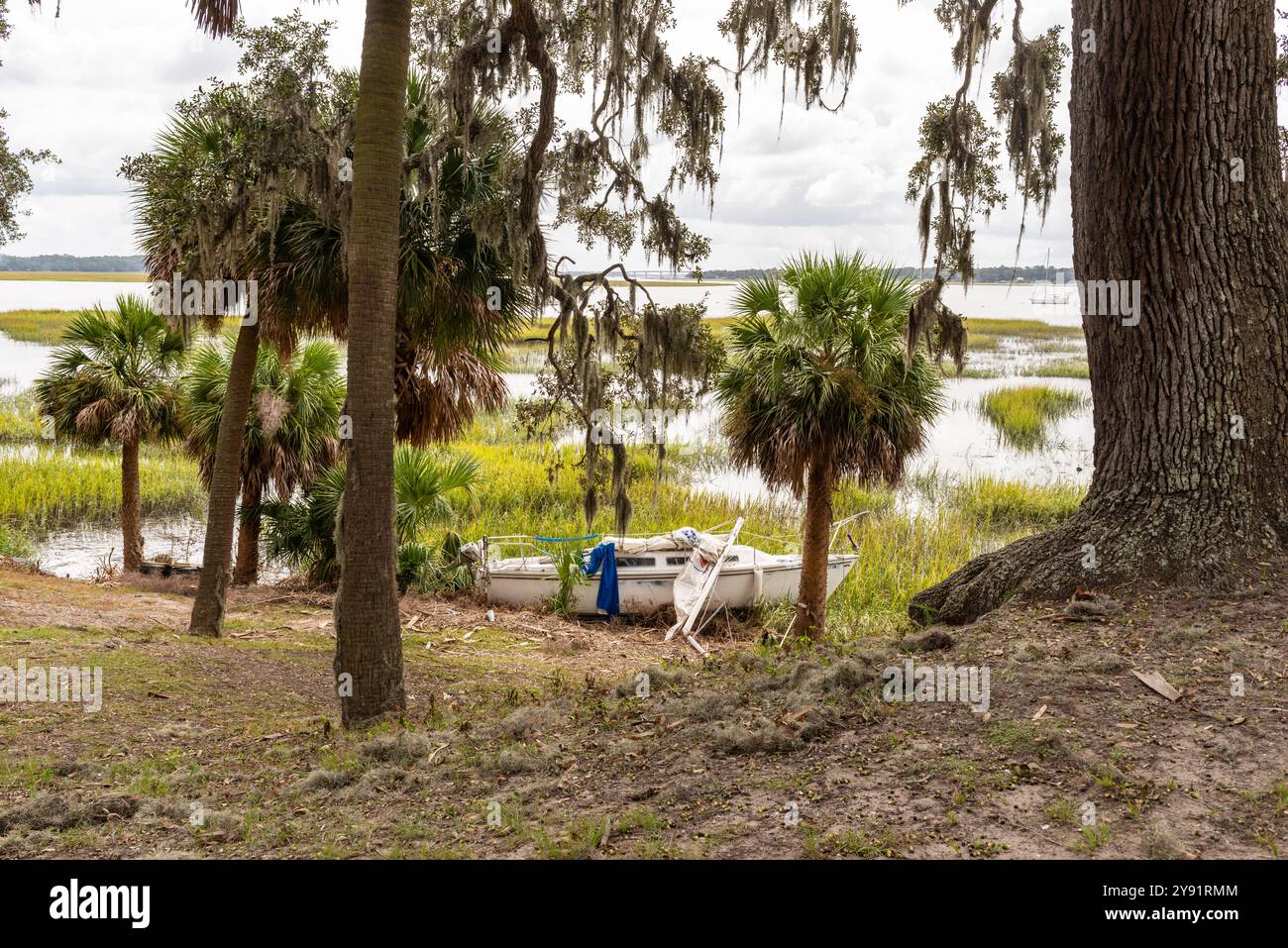Hurricane Helene beached many sailboats in the marshlands at Beaufort ...