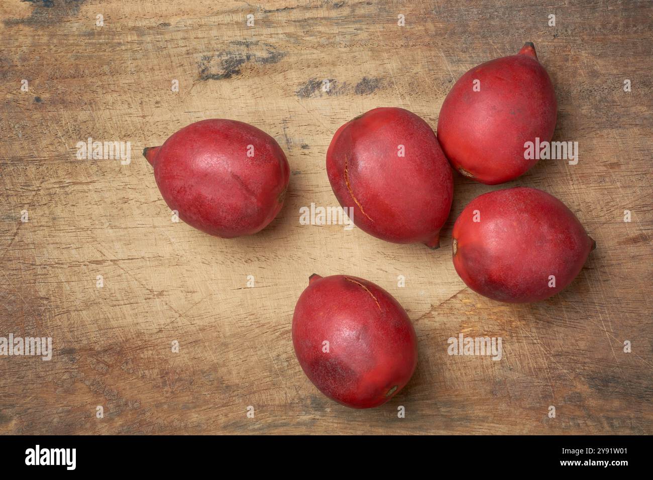 scattered fox tail palm fruits on wooden table top surface, large oval ...