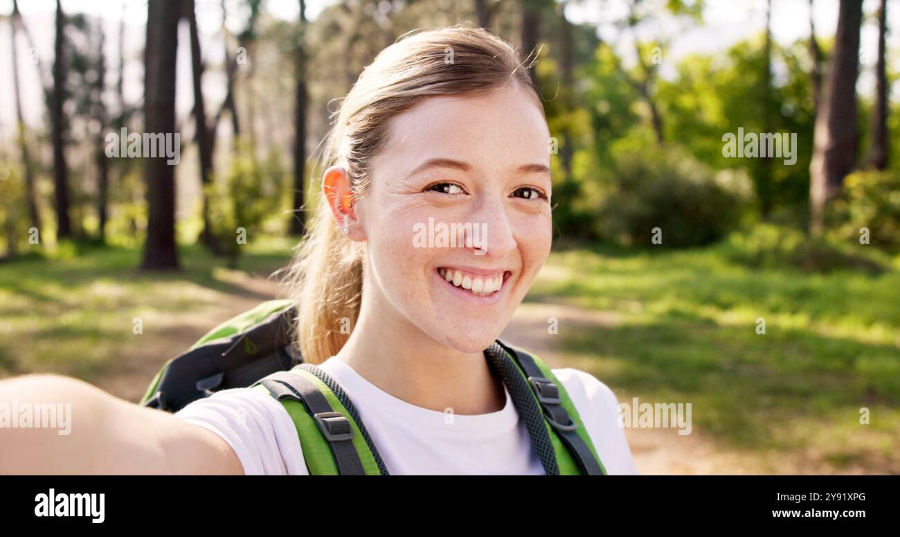 Nature, hiker and woman in portrait for selfie, document memory and ...