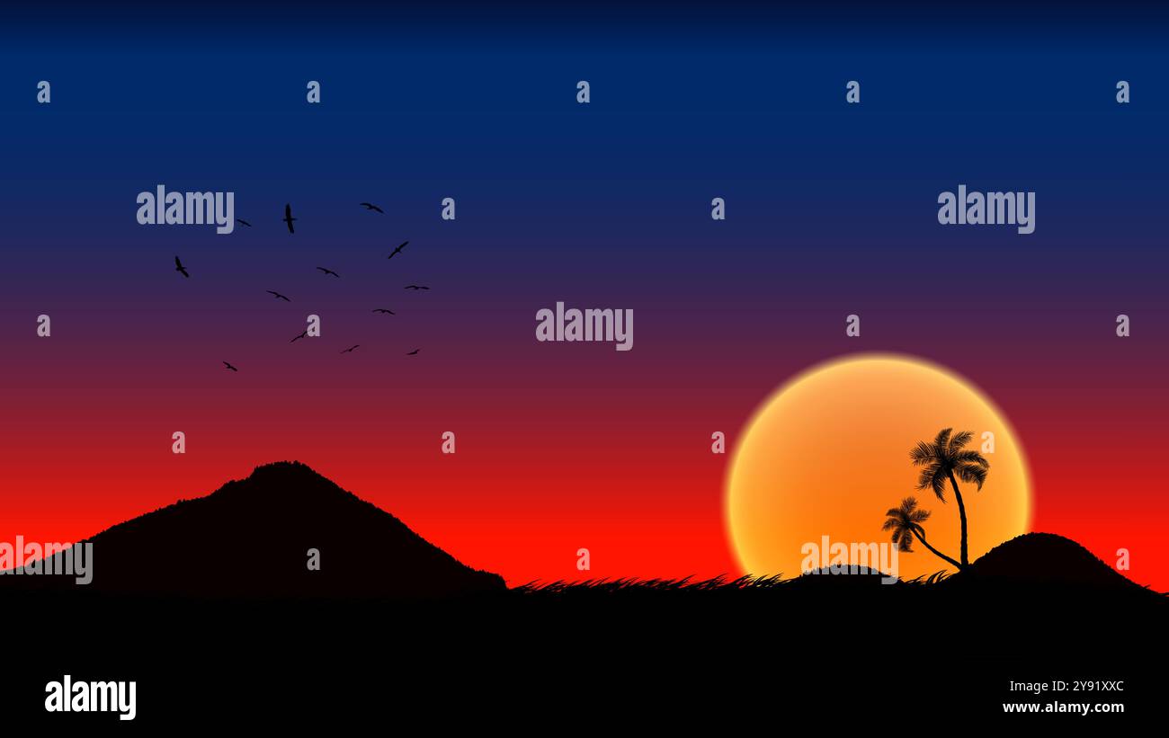 A group of palm tree silhouettes with sunset background, vector ...