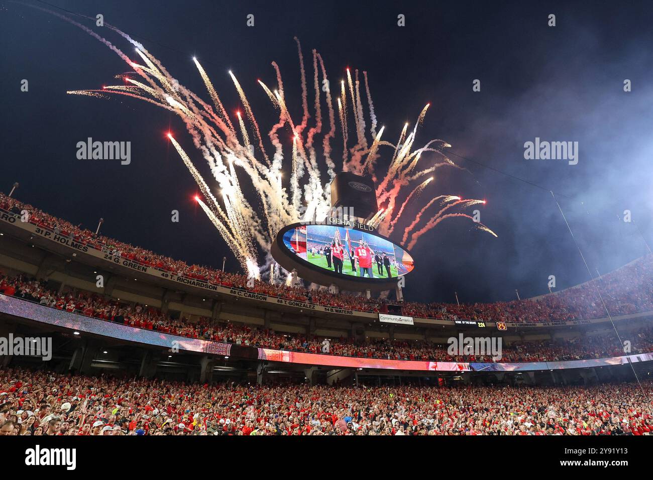 October 7, 2024: Fireworks go off during the National Anthem before a ...