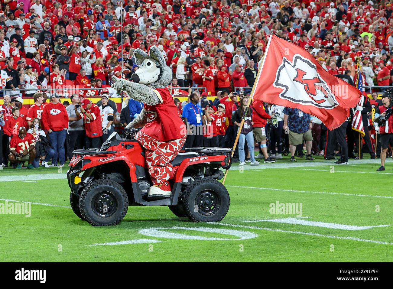 October 7, 2024: Kansas City Chiefs Mascot KC Wolf rides an ATV before ...
