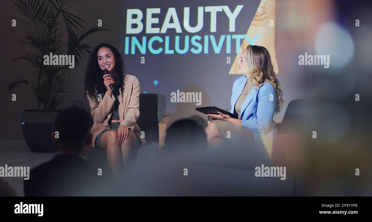 Presentation, beauty conference and women on a stage for discussion ...