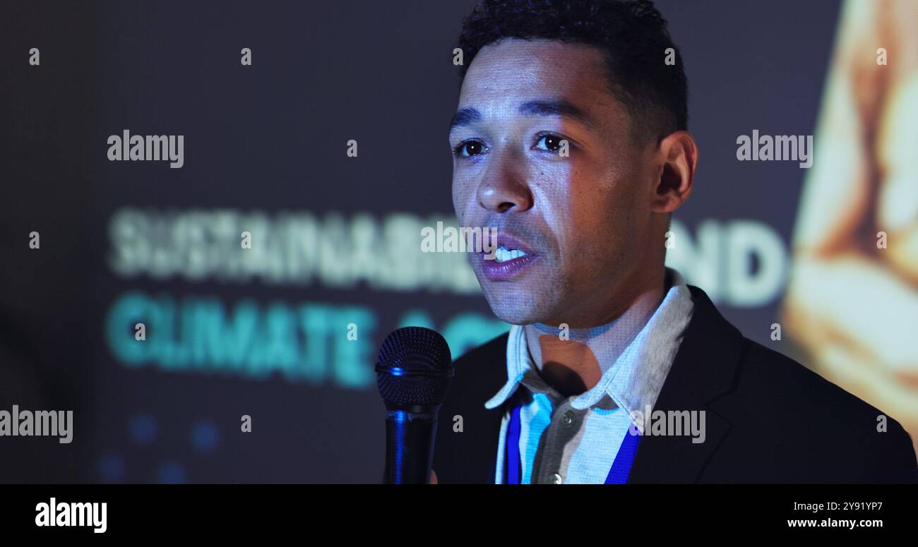 Business, speaker and man at conference with ideas, presentation and ...