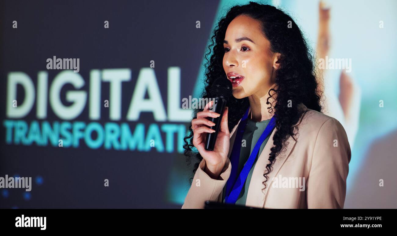 Stage, presenter and woman at seminar with microphone, tablet and ...