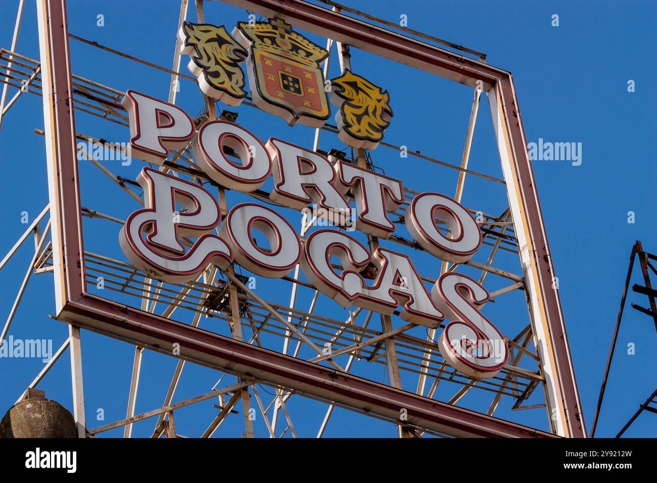 Porto, Portugal 29 January 2011. Porto Pocas Port sign with blue sky ...