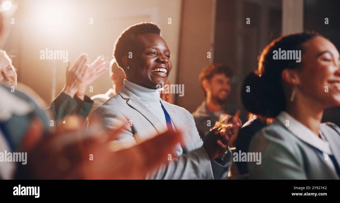 Business, man and people with applause at seminar for success, profit ...