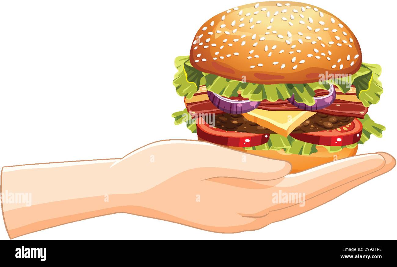 Illustration of a hand presenting a tasty burger Stock Vector Image ...