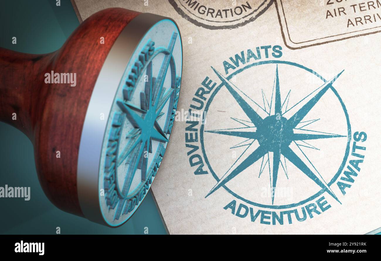 Rubber stamp with the text adventure awaits printed on a passport. 3d ...