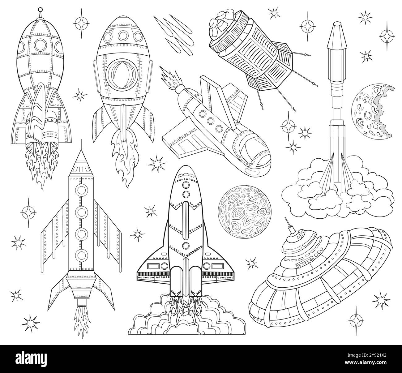 Hand drawn illustration with set of retro future space rockets and ships, line art science ...