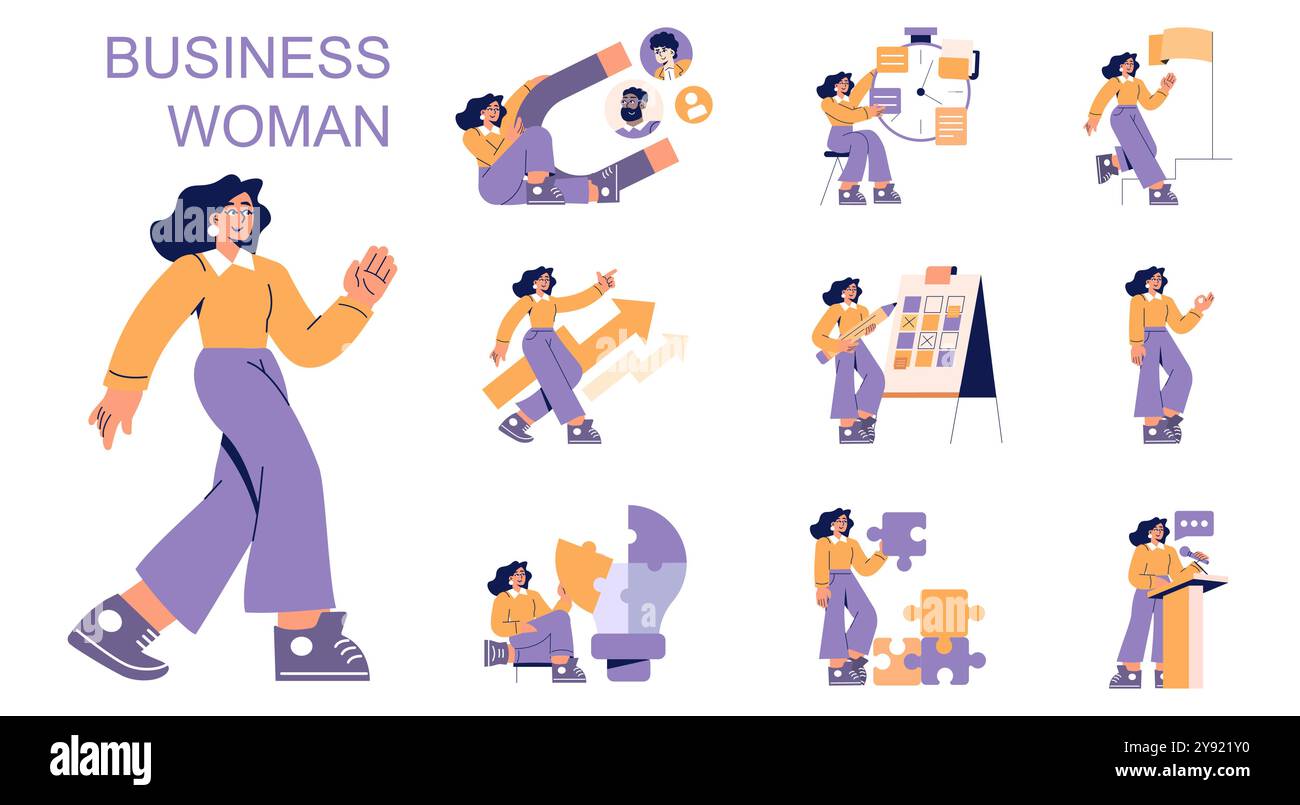 Businesswoman set. A versatile professional handling multiple business ...