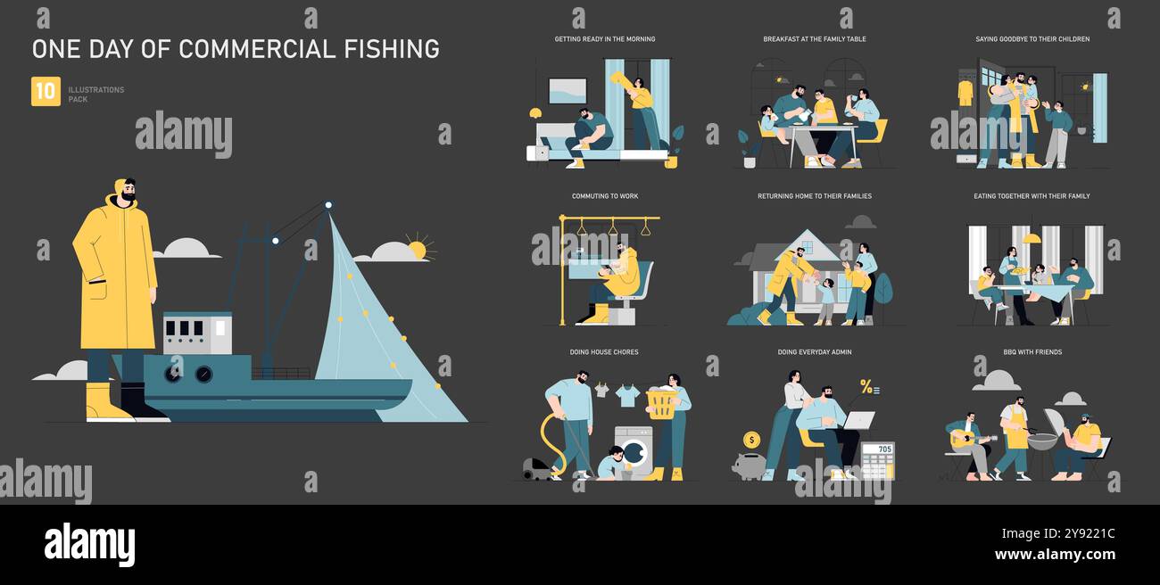 Commercial Fishing Day set. Daily routine of fishermen from dawn to ...