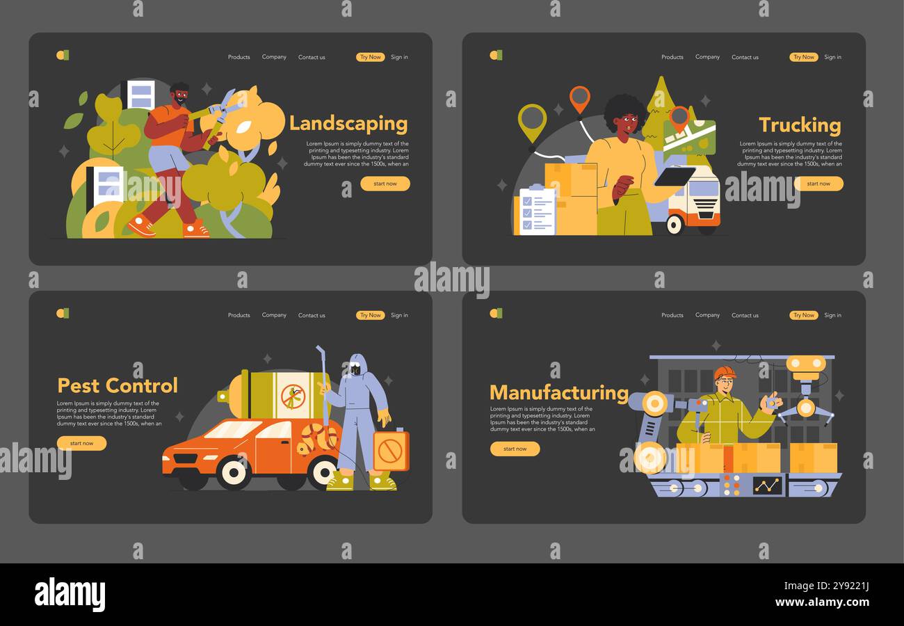 Working Professions set. Diverse workforce in landscaping, trucking ...