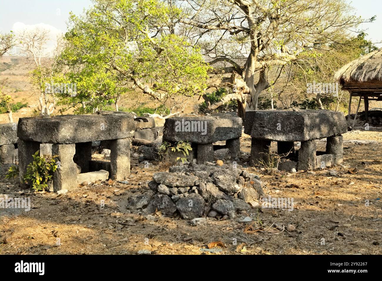 Megalithic tombs in traditional village of Prailiang, which is built on ...