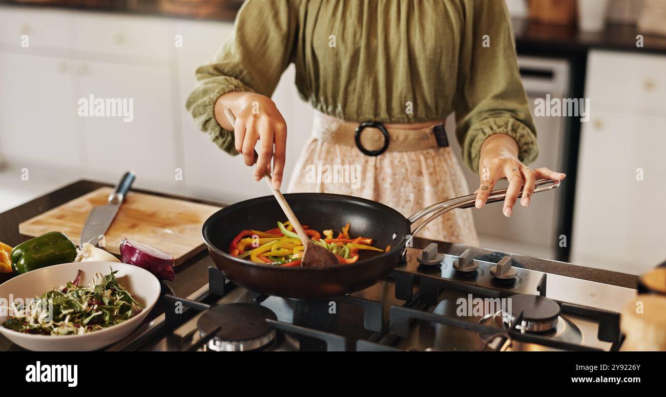 Stirring, pan and hands with spoon, kitchen and meal prep of healthy ...