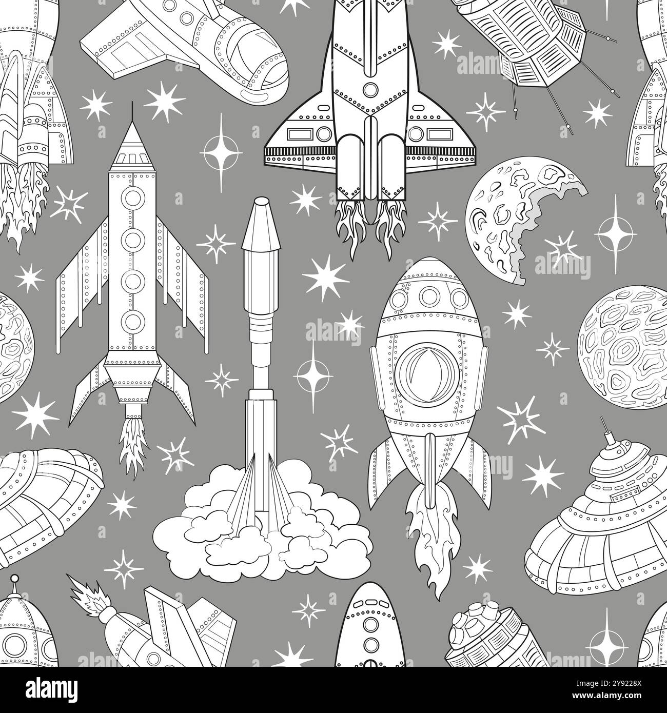 Seamless pattern illustration with retro future space objects, planets ...