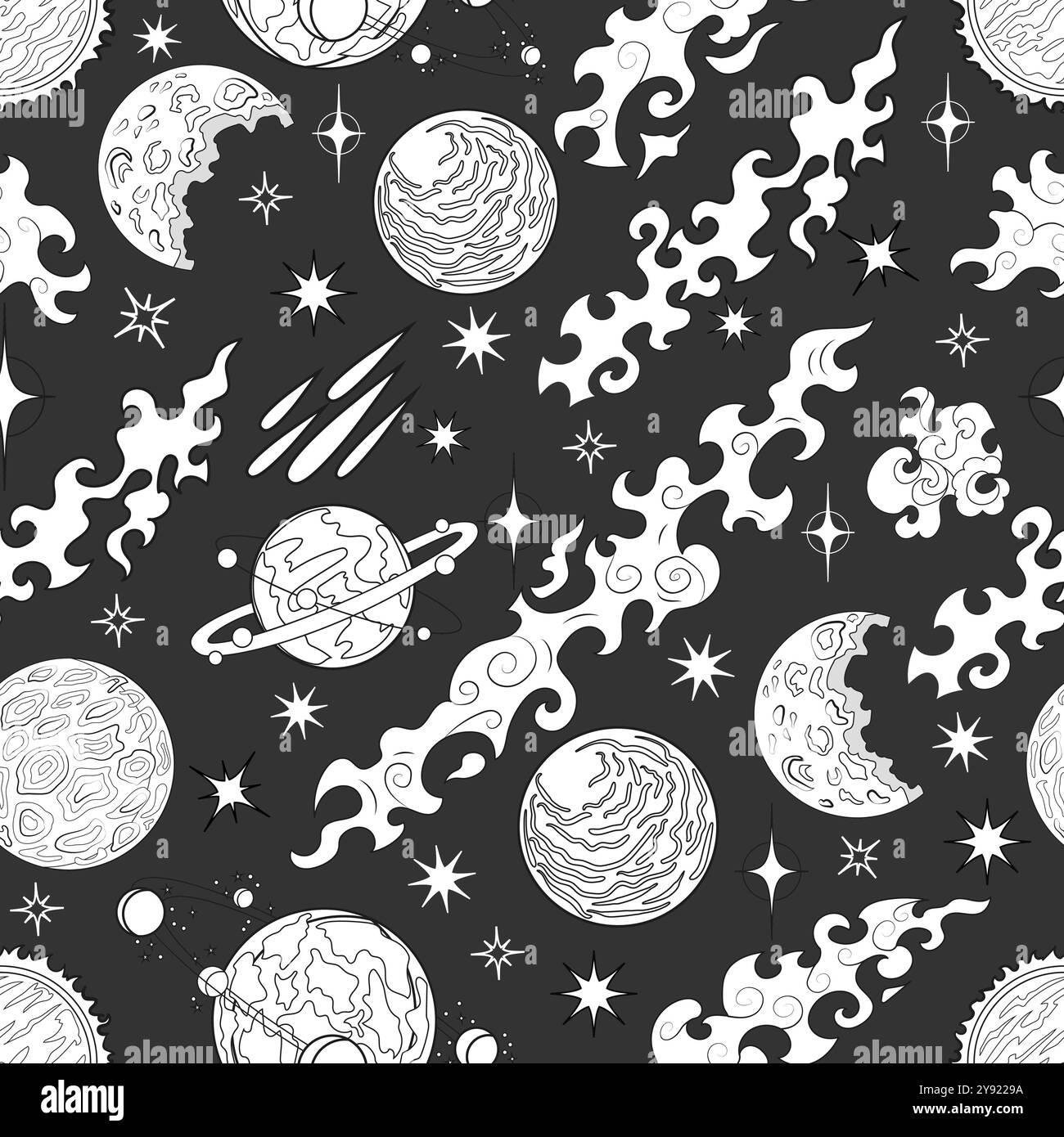 Seamless pattern illustration with retro future space objects, moon and planets, line art ...