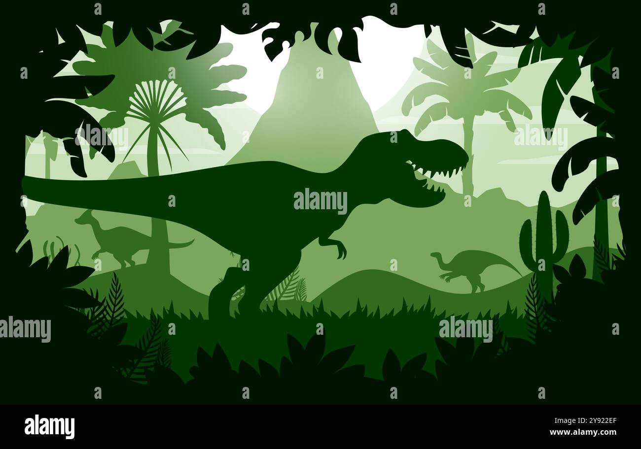 Prehistoric T Rex tyrannosaurus dinosaur silhouette in forest jungle ...