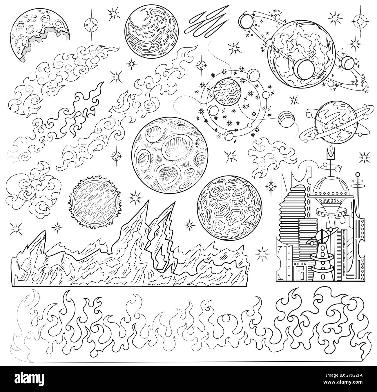 Hand drawn illustration with set of retro future space planets ...