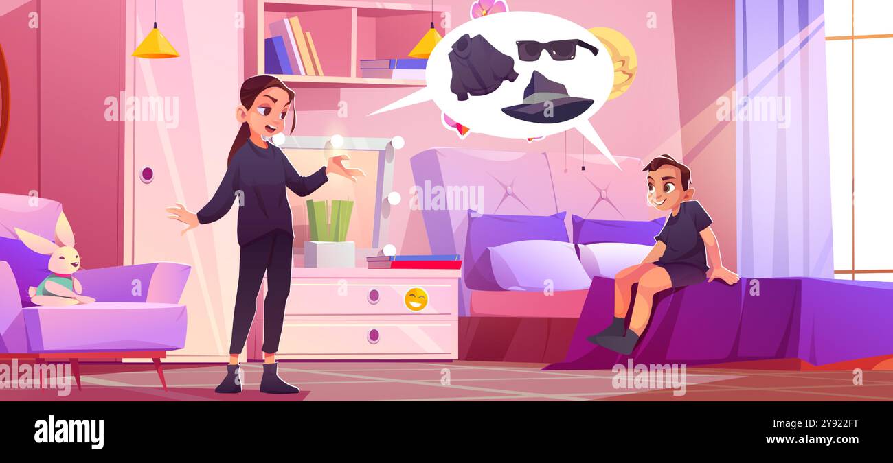Teenagers talking about fashion in bedroom. Vector cartoon illustration ...