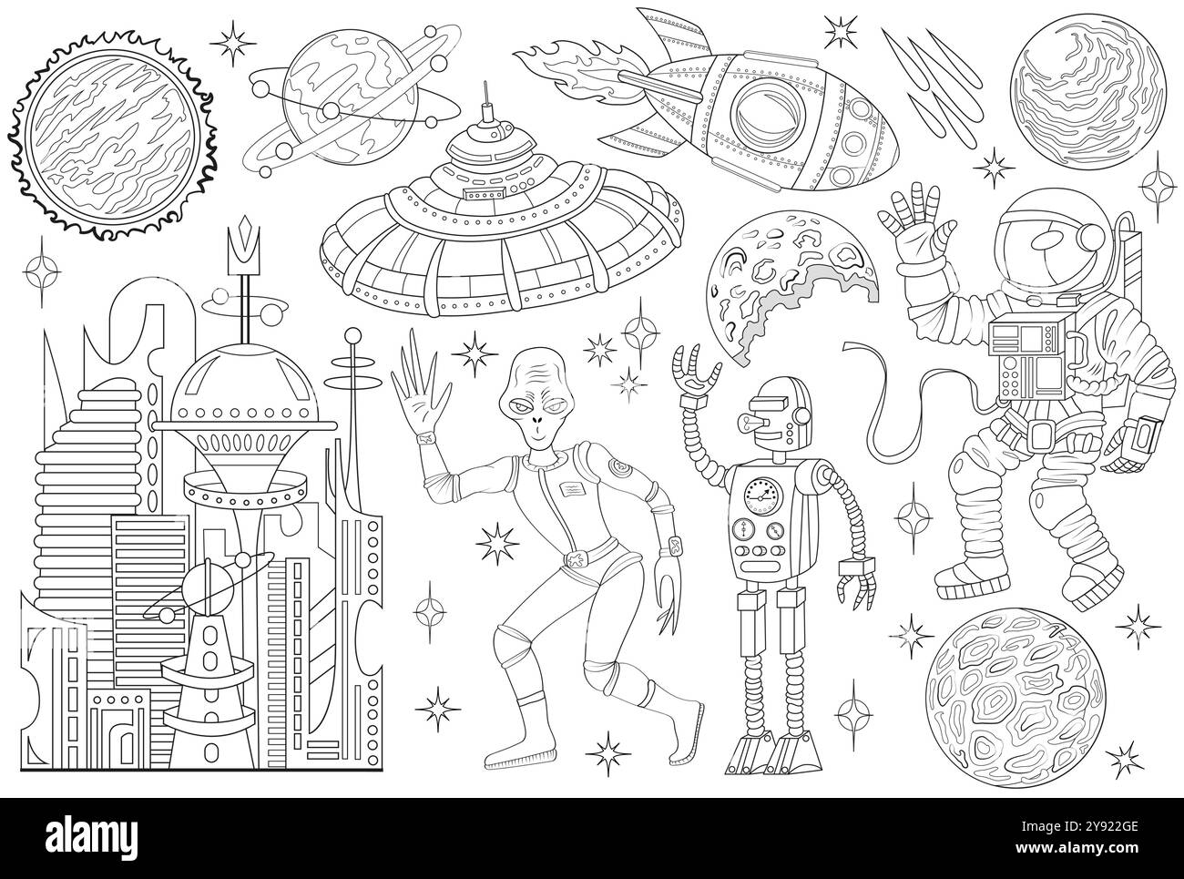 Hand drawn illustration with doodle set of retro future space planets and ships, rocket ...