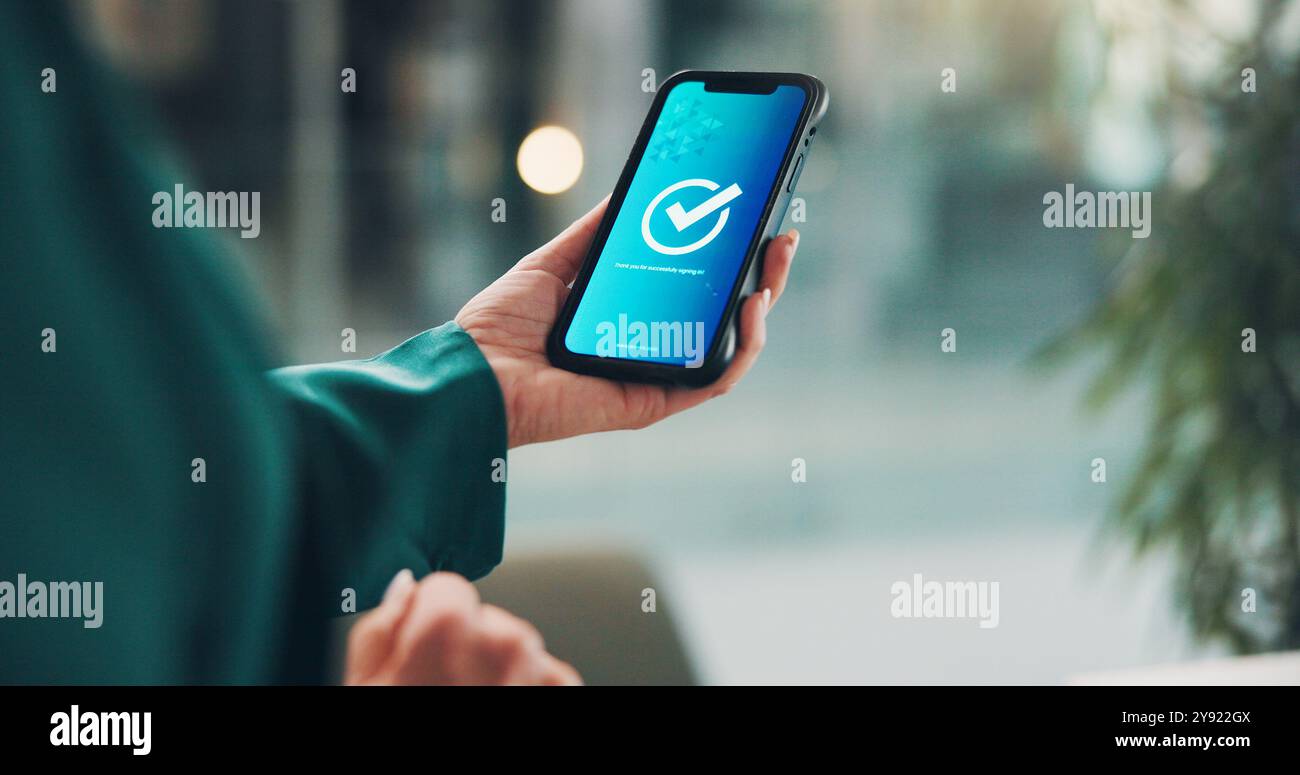 Hand, screen and person in office, smartphone and display of ui, update ...