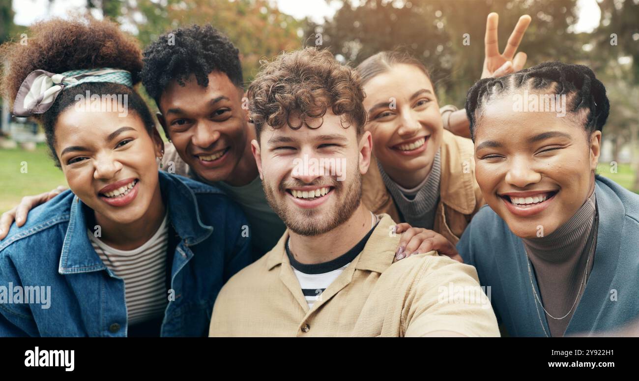 Selfie, students or smile in portrait on campus for university memory ...