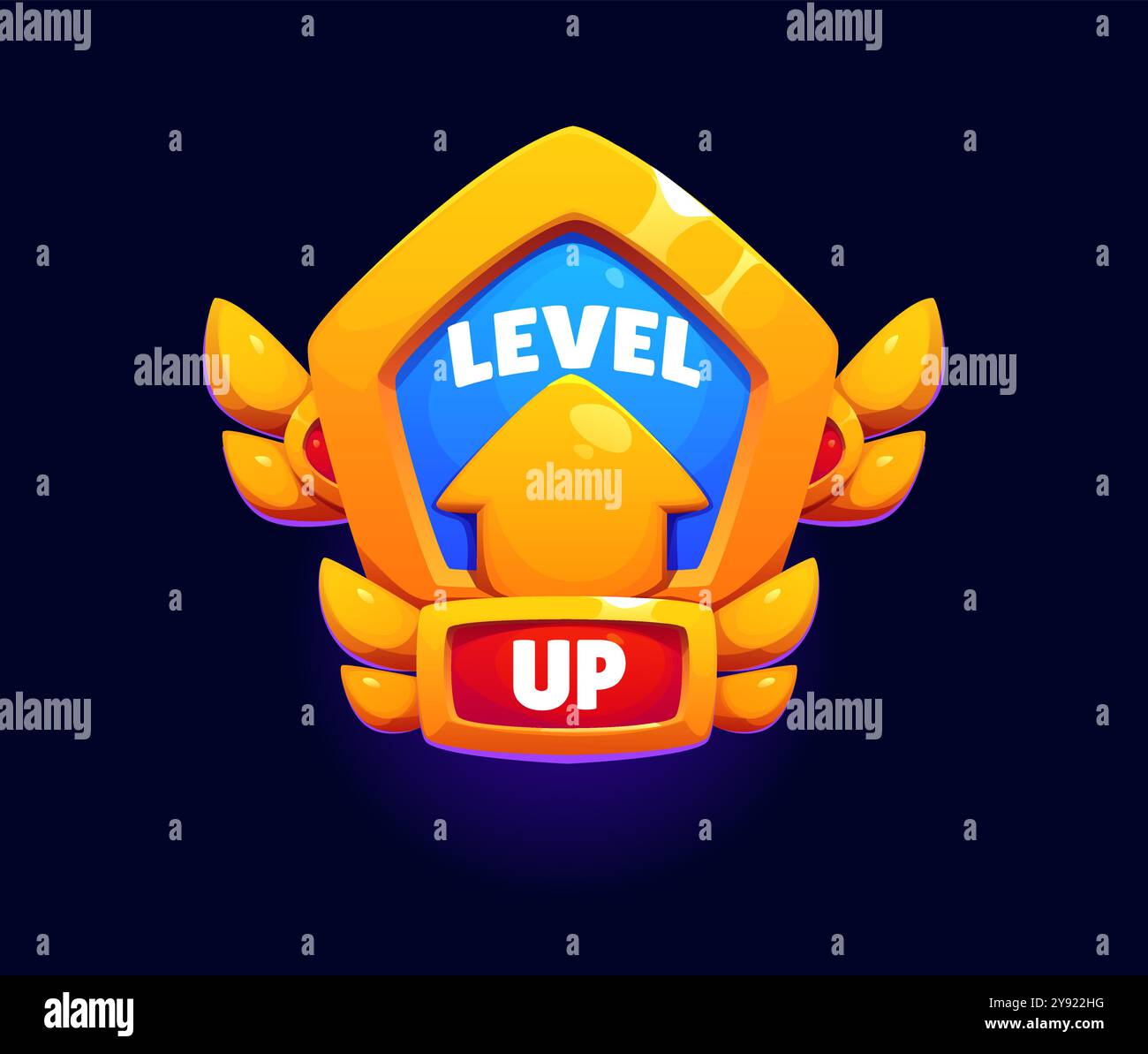 Level up game reward, rate icon with upward arrow, shield and golden ...