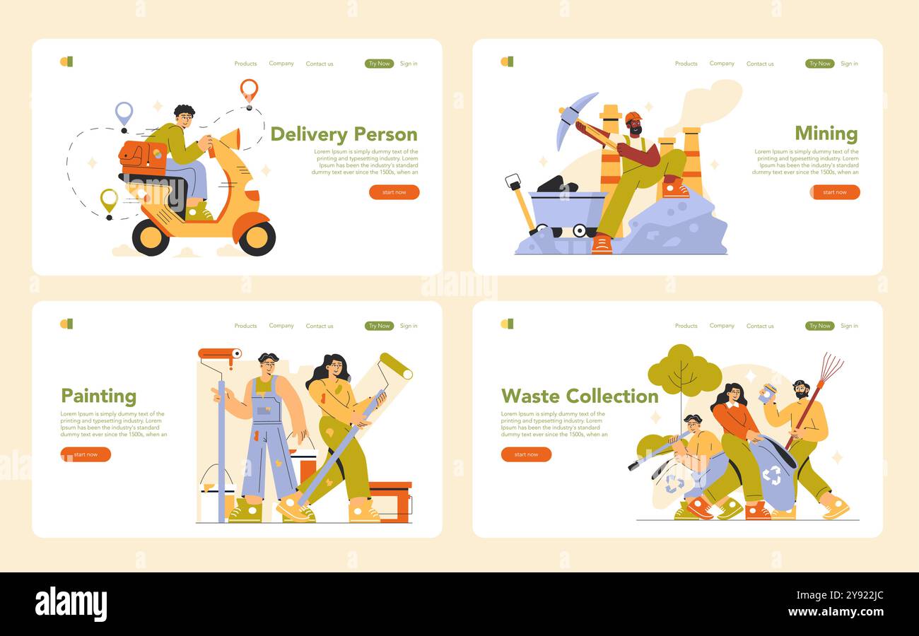 Working Professions set. Diverse modern workers in action, showcasing ...