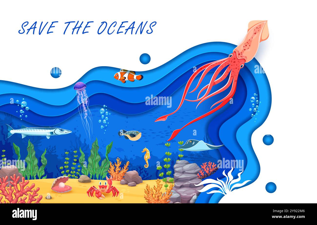 Save the ocean paper cut landscape poster with squid, with underwater ...