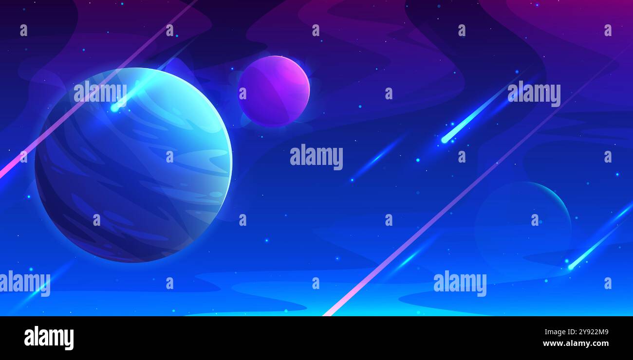 Blue outer space background with alien planets and falling asteroid ...