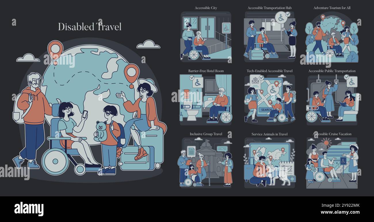 Disabled Travel set. Illustrating inclusivity with scenes of accessible ...