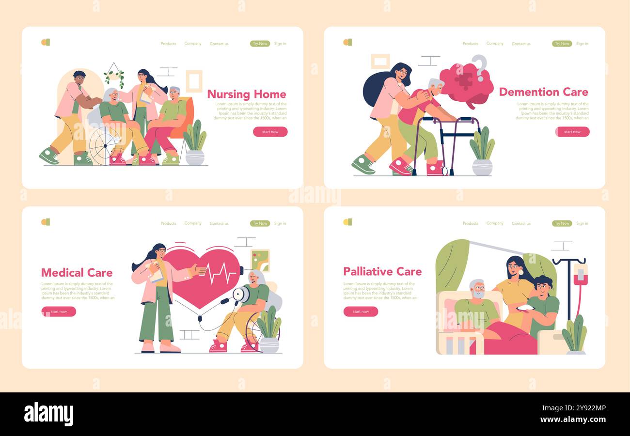 Elderly Care set. Assistance for seniors in various healthcare settings ...