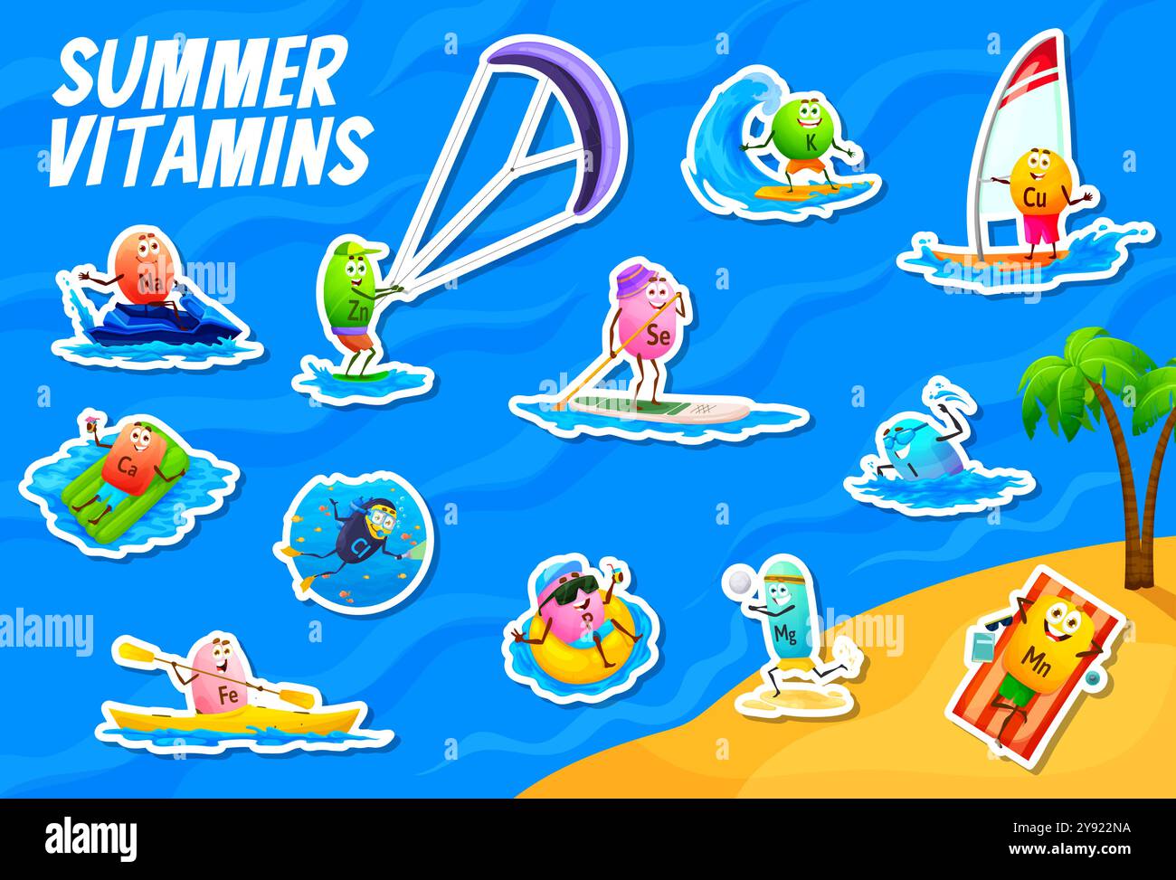 Cartoon vitamins and micronutrients on summer vacation, vector ...