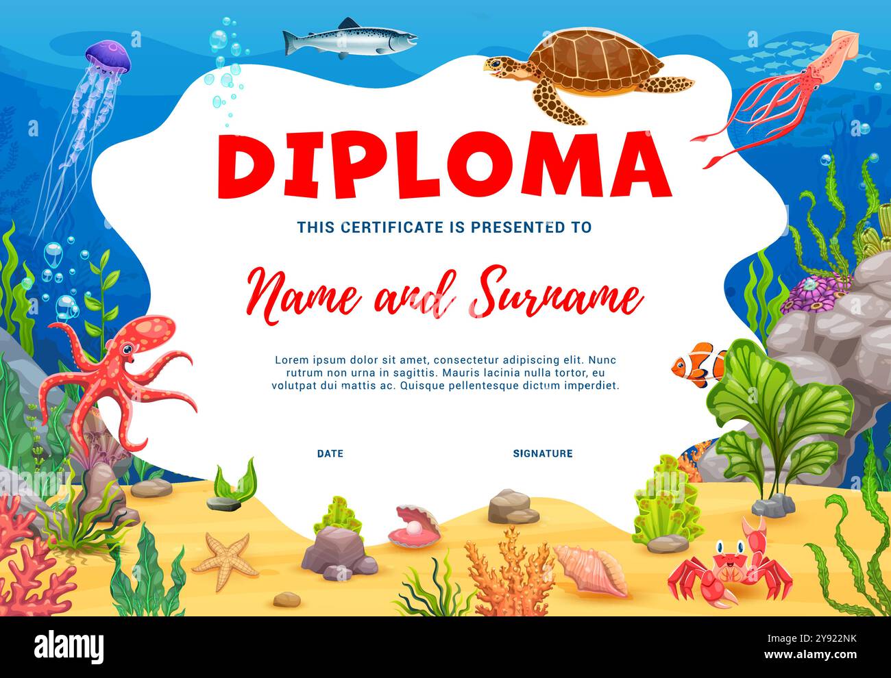 Kids diploma of explorer or diver with underwater sea animals like ...