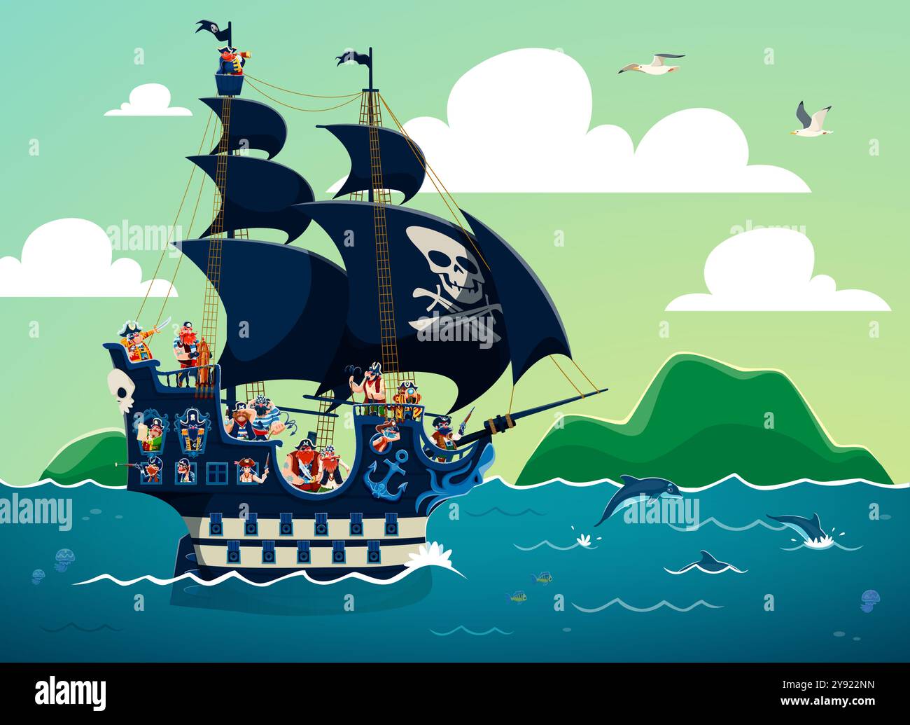 Pirate sail ship with corsair sailors, captain and boatswain characters ...