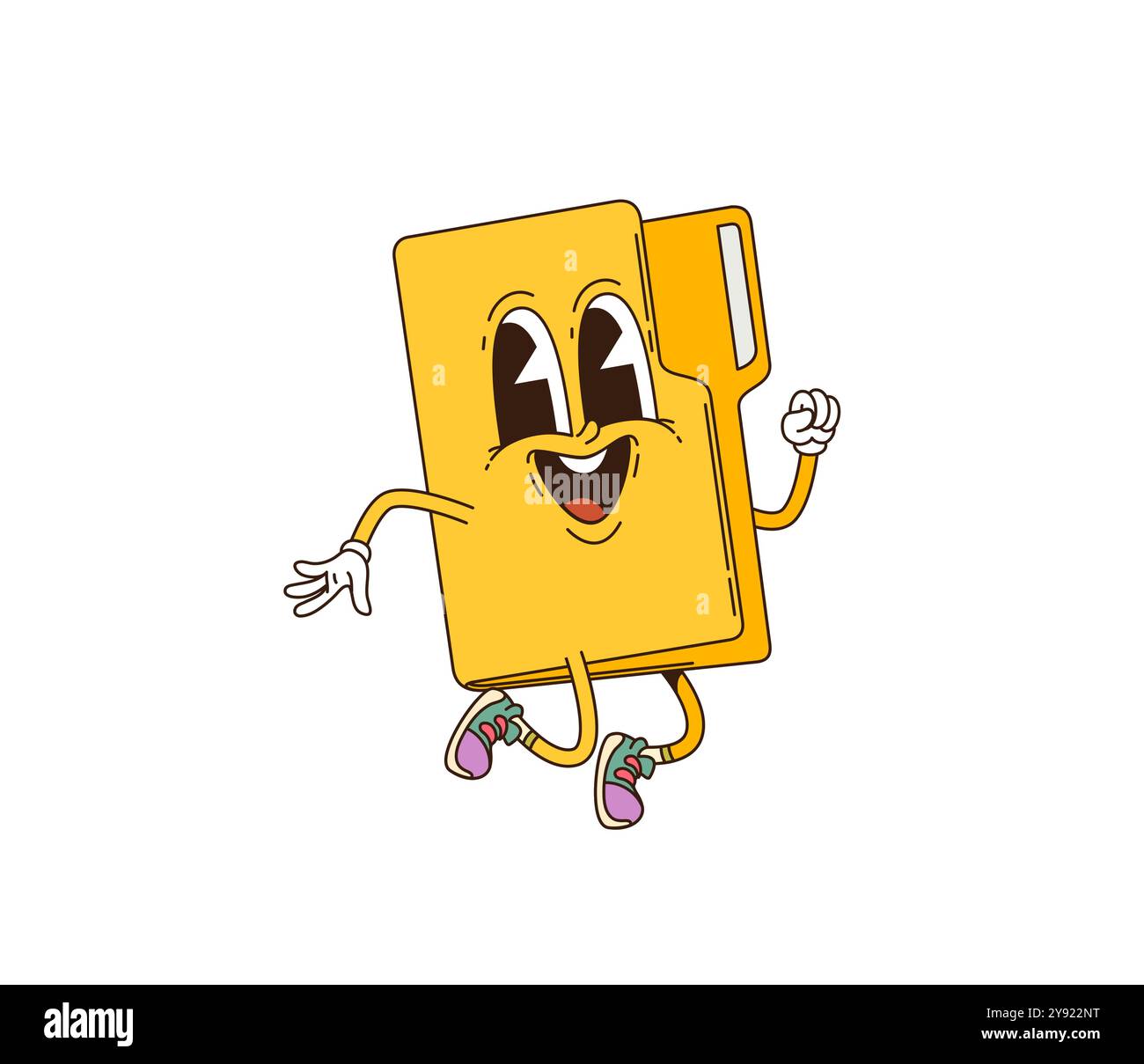 Cartoon groovy computer folder retro character with yellow body, joyful ...
