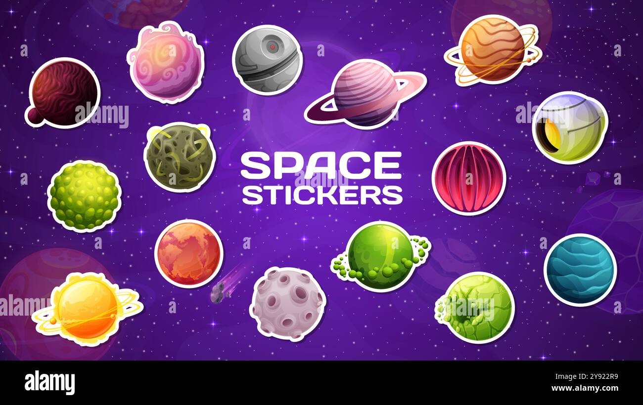 Galaxy space planets stickers, cartoon alien earth in starry sky ...