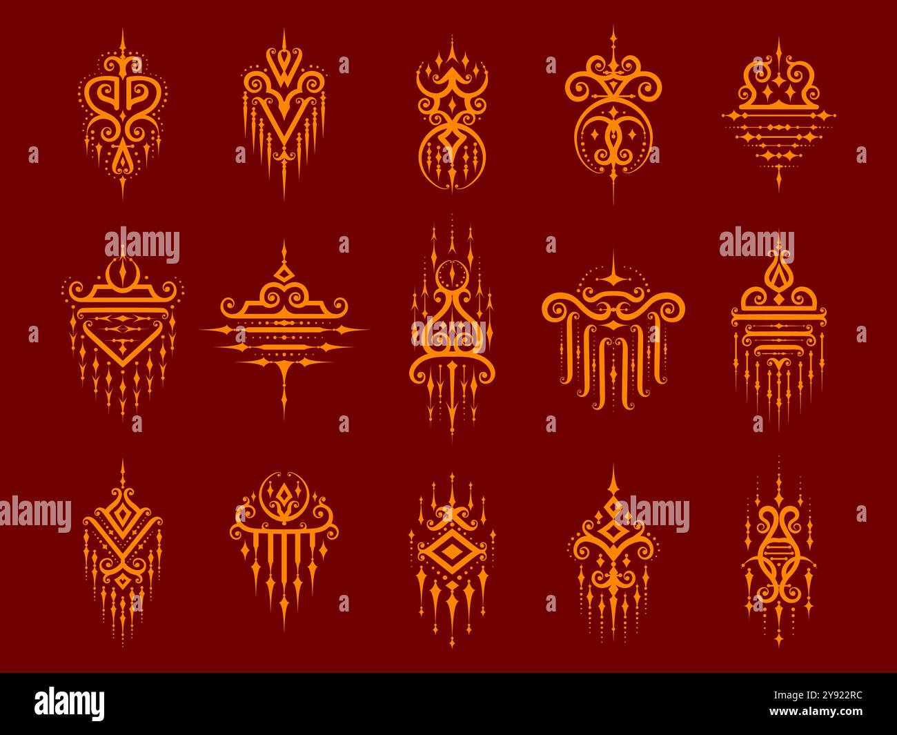 Sacred thai symbols of oriental gold pattern, vector line art elements ...