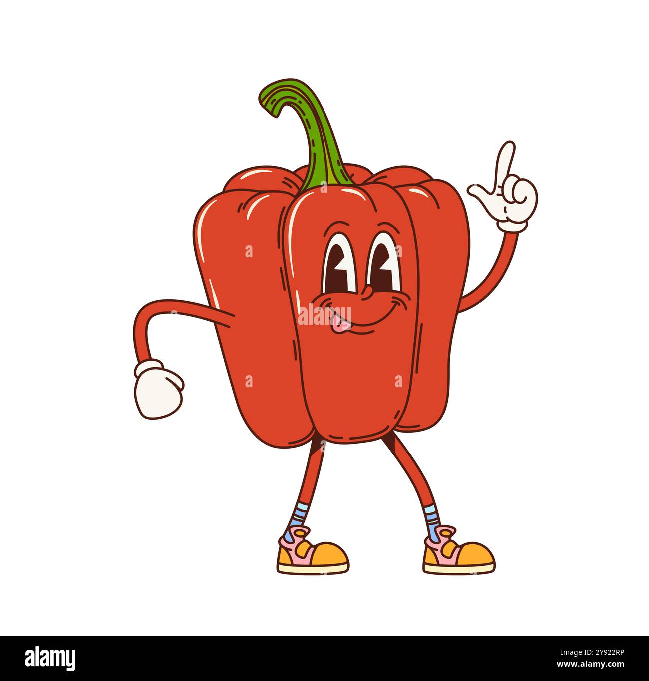 Groovy bell pepper vegetable retro character with funny face, vector ...