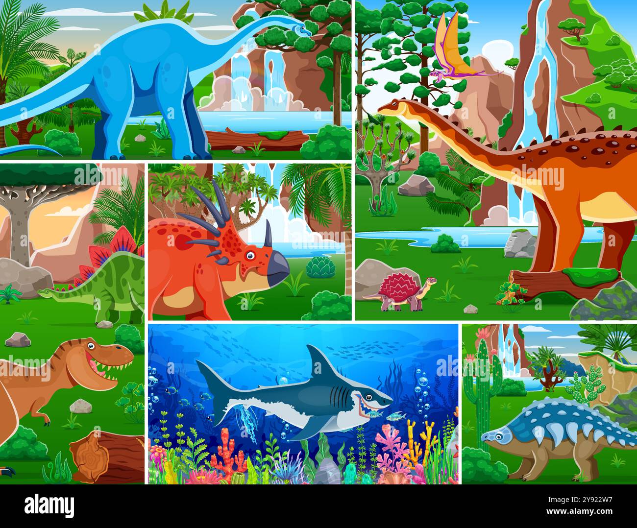 Cartoon prehistoric dinosaurs collage. Vector dino species in lush ...