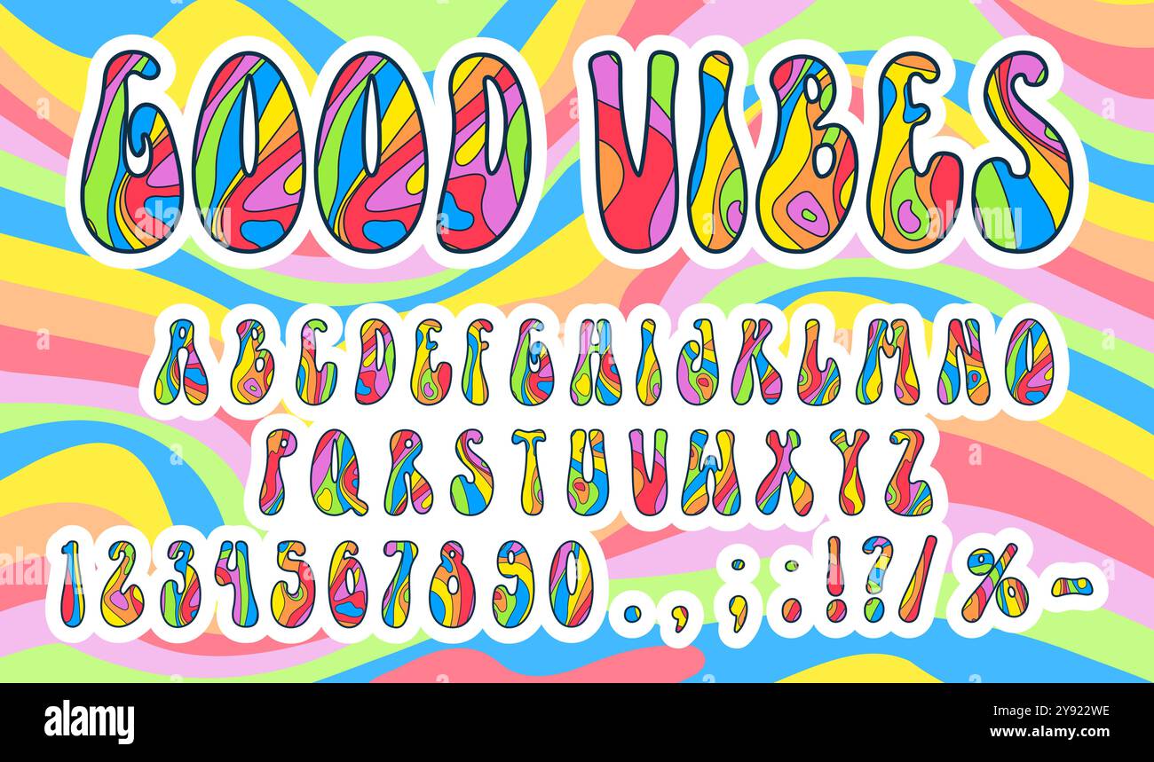 70s psychedelic rainbow font or groovy type with retro 60s hippie ...