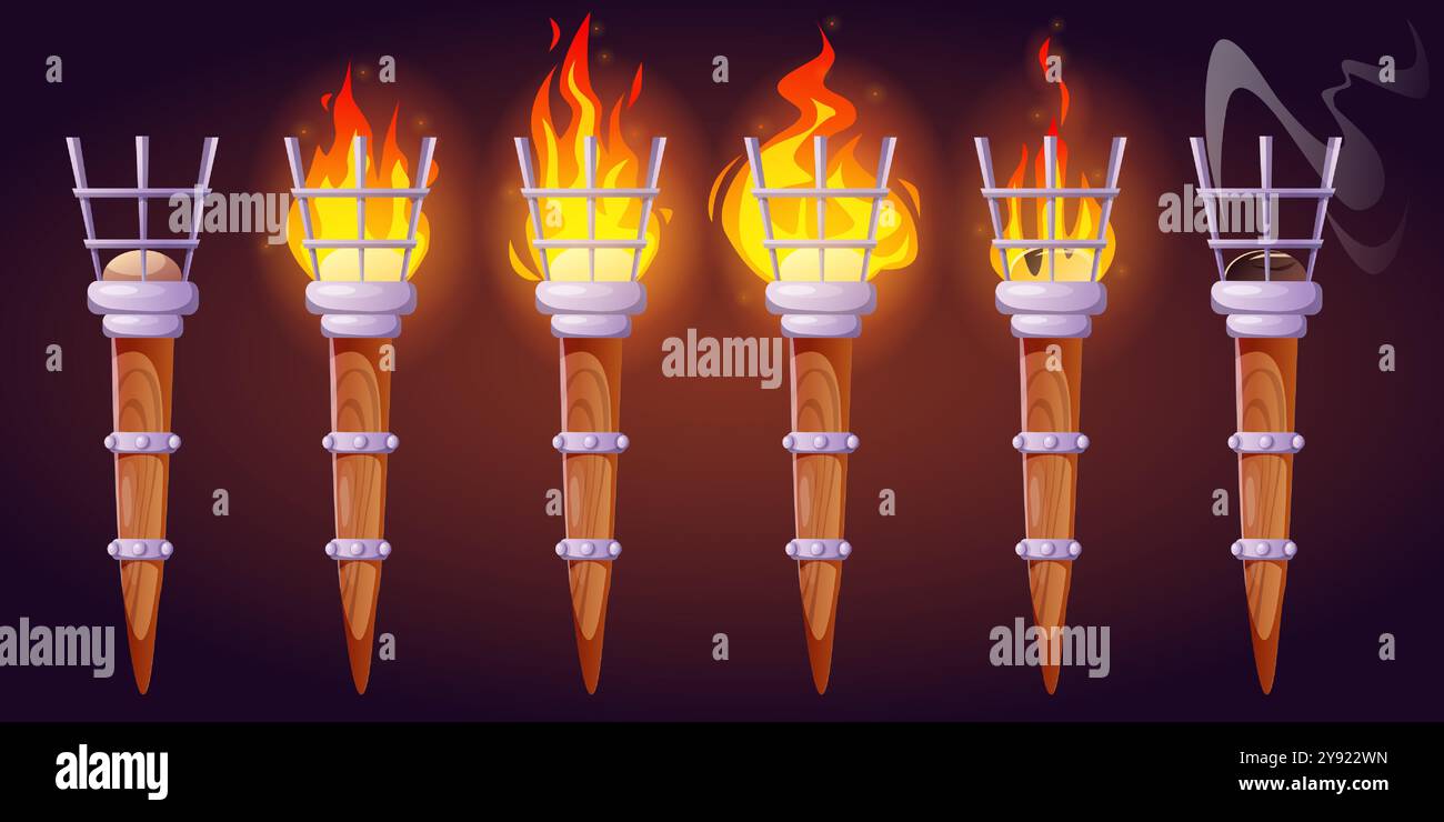 Medieval torch with wooden handle and fire flame with glow and smoke ...