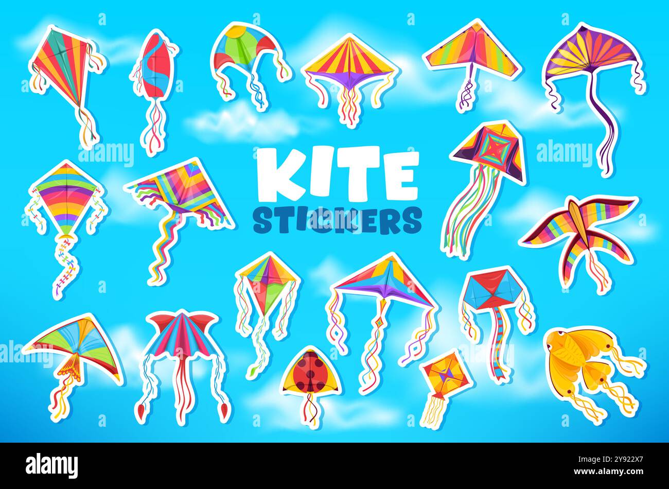 Kite stickers and cartoon flying toys for kids summer game play, vector ...
